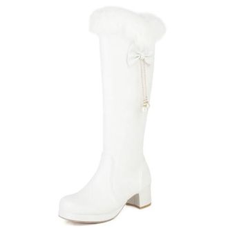 Generic Bottes Femmes Genou Fausse Fourrure Bordure Noeud Décoratif Or Chaîne Tassels Talon Bloc Hiver Chaussures Romantique Rencontre Nuit,Blanc,34 EU