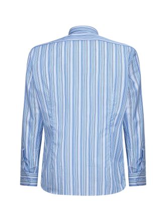 Etro Mens Light Blue Striped Cotton Shirt With Embroidery Silk