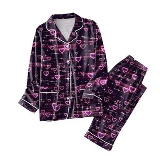 Generic Pyjama assorti pour femme pour la Saint-Valentin 2026 - Pyjama long classique boutonn&eacute; en satin avec poches, rose vif, 3XL