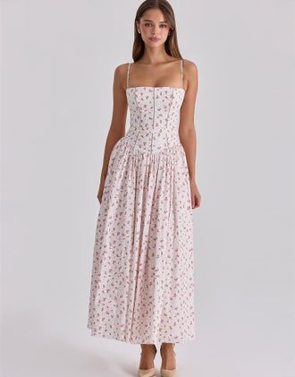 House of CB Ysabella - Midi-Sommerkleid aus Baumwolle in Wei&szlig; mit Rosenmuster