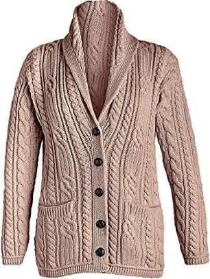 Aran Woollen Mills Cardigan irlandais en laine de mérinos tricotée à torsades pour femme, fabriqué en Irlande, Osier, Taille M
