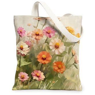 Generic Spring Zinnia Sac fourre-tout en toile pour le shopping 33 x 38 cm, sac d&eacute;picerie r&eacute;utilisable pour femme, peinture de voyage florale, d&eacute;coration cade