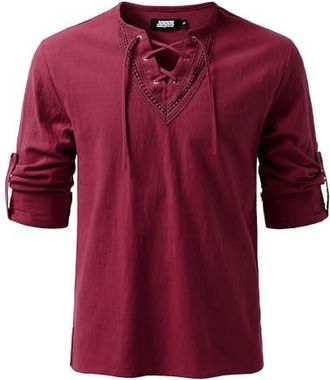 JOGAL Costume vintage Renaissance pour homme - Chemise à lacets - Manches longues - En coton - Chemise de loisirs pour les pirates médiévaux - Viking, Borde