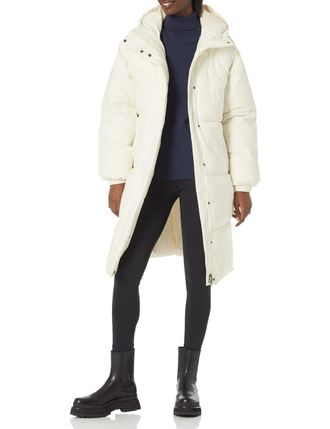 Amazon Essentials Damen Lange Oversize-Daunenjacke mit Kapuze (in Übergröße erhältlich), Eierschalenweiß, L
