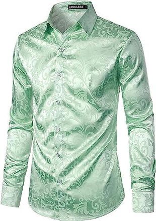 PARKLEES Chemise de luxe à manches longues en jacquard pour homme, coupe ajustée, en satin imitation soie, imprimé floral, chemises pour mariage, bal, Frêne ve