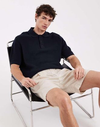 Selected Polo en maille de coton - Bleu marine