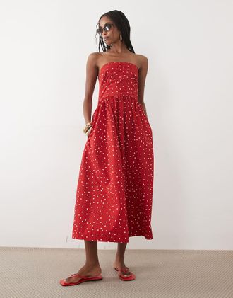 Abercrombie & Fitch Tr&auml;gerloses Midikleid in Rot mit Polka Dots