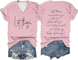 Generic T-shirt pour femme avec motif inspirant et col en V, d&eacute;contract&eacute;, manches courtes, Rose, 3XL