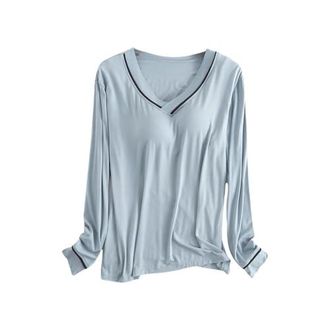 Generic Vêtements de nuit avec soutien-gorge intégré - Pyjama en coton pour femme - Manches longues - Col en V - Pull en modal léger et extensible - Coupe amp