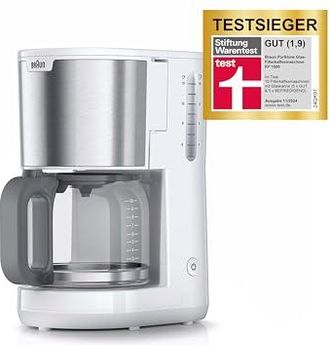 Braun PurShine KF 1500 WH Kaffeemaschine - Filterkaffeemaschine mit Glaskanne für bis zu 10 Tassen, OptiBrew-System, Automatische Abschaltung, 1000 Watt, We