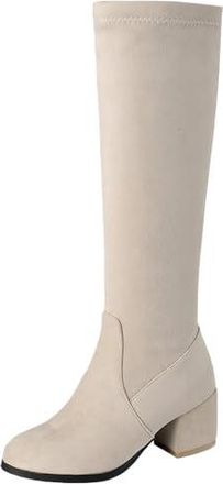 Rismart Femme Suédé Mi bas Bottes Habillées Talon Epais Montante Hiver Chaussures Beige,38