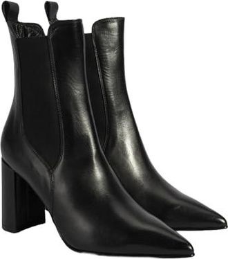 Desa Bottines en Cuir pour Femme - Talon Bloc, Bout Pointu, Semelle r&eacute;sistante &agrave; labrasion, Respirantes | Noir - 39