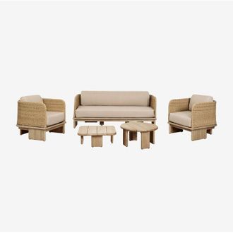 Sklum Gartenset mit 3-Sitzer-Sofa, 2 Sesseln und 2 Couchtischen aus Rattan und Akazienholz Famara Helles Akazienbraun - Sklum