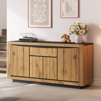 Liberte Buffet bas 140 cm bois et noir, 4 portes, 1 tiroir, fermeture douce, sans poign&eacute;es