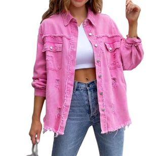 Generic Veste en jean surdimensionn&eacute;e &agrave; franges d&eacute;chir&eacute;es pour femme avec poche, rose rouge, XXL