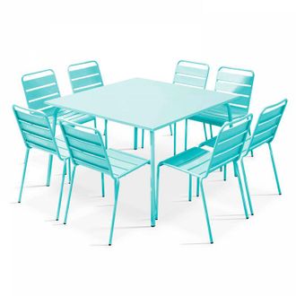 Oviala Oviala - Ensemble table de jardin et 8 chaises en m&eacute;tal turquoise - Palavas