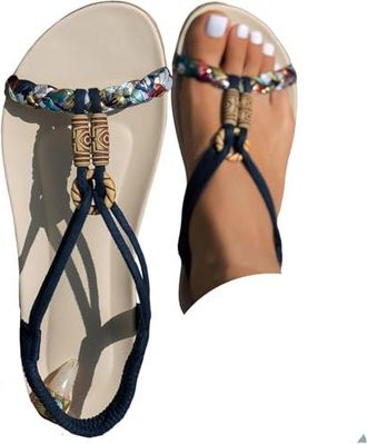 Generic Sandales plates &agrave; lani&egrave;res pour femme - Bout ouvert - Style d&eacute;contract&eacute; - Style boh&egrave;me - Sangle de cheville - Confortables - Large largeur - Perles - 
