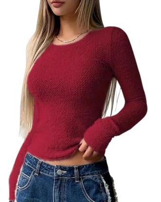Minetom Pull Femme Hiver Chaud Col Rond Pullover Manches Longues Moulante Hauts en Tricot Slim Fit Tops A Rouge M
