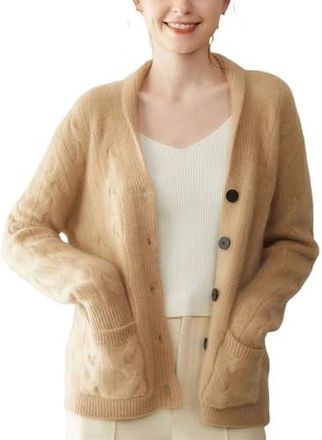 Generic Cardigan ouvert en cachemire pour femme - Tricot torsad&eacute; - &Eacute;pais et chaud - Col en V - Manches longues, Camel &eacute;l&eacute;gant, XS