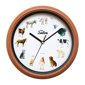 SELVA Tieruhr, Wanduhr, mit Tierlauten zu jeder Stunde und farbenfrohe Illustrationen, Geh&auml;use aus Kunststoff, Holzoptik, Farbe:Bauernhoftiere