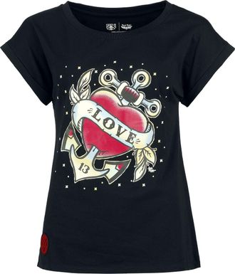 Rock Rebel by EMP Damen schwarzes T-Shirt mit Herz-Print und aufgen&auml;htem Patch XXL