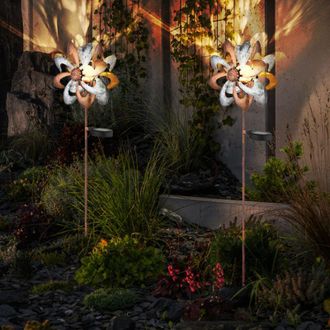 Globo Lighting Solarleuchte Windrad Solarlampe Erdspie&szlig; Gartendeko Solar Gartenstecker gold silber, Metall, LED warmwei&szlig;, LxBxH 22x12x92 cm, 2er Set