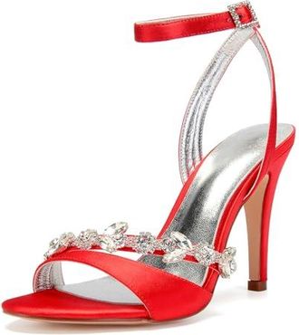 Generic Chaussures De Mariage Femme Sandale À Talon Mariée Bout Ouvert Mariée Cheville Heeled Sandales Talons Aguilles Sexy 10.5Cm,Rouge,38 EU