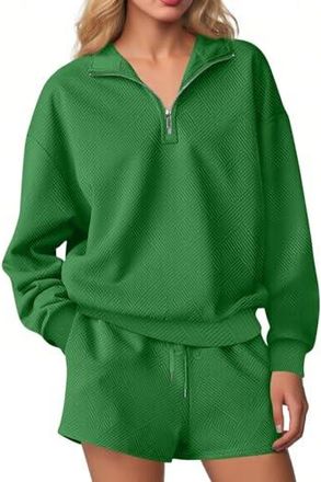 Generic Ensemble de survêtement à demi-fermeture éclair pour femme - Survêtement décontracté à col châle - Ensemble deux pièces confortable et élégant - Textu