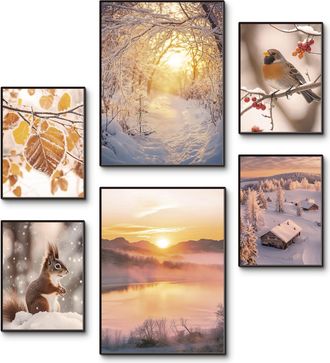 Artland Premium Poster Set 6tlg. 4x30x40 / 2x45x60 OHNE RAHMEN aesthetic Winter Deko Winterlandschaft Wald Schnee Tiere U6BD Tiere