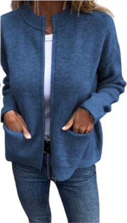 Generic Veste en Maille &agrave; col Rond et Fermeture &eacute;clair, Pull zipp&eacute; uni pour Femme, Veste Tendance &agrave; col Rond avec Poches (Blue,Taille Unique)