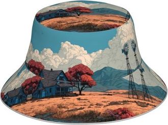 Generic Chapeau De Seau Unisexe Impression Ferme R&eacute;tro Chapeau De Soleil &Agrave; Large Bord Mode Bonnet Soleil, pour Plage, De P&ecirc;che, La Randonn&eacute;e, 56-58cm