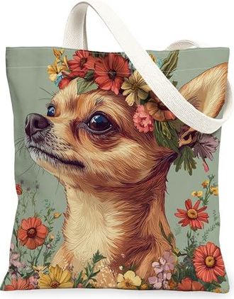 Generic Sac fourre-tout en toile motif chihuahua printanier 33 x 38,1 cm, sac d&eacute;picerie r&eacute;utilisable pour femme, motif animal de compagnie, d&eacute;coration cadeau
