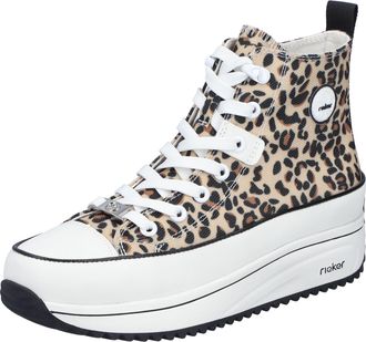 Rieker Plateausneaker RIEKER, Damen, Gr. 40, beige (leo, natur), Lederimitat, Textil, Schuhe Plateausneaker, High Top-Sneaker, Schn&uuml;rboots in bequemer Form