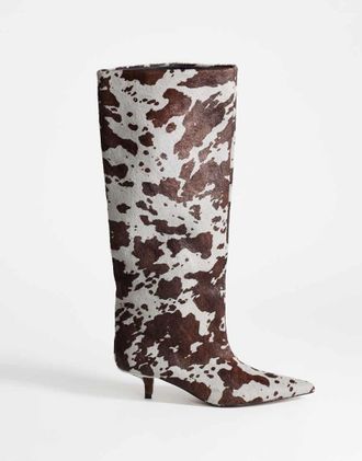 Topshop Tina - Bottes montantes en cuir v&eacute;ritable fa&ccedil;on poulain &agrave; petit talon et imprim&eacute; l&eacute;opard - Gris-Neutre