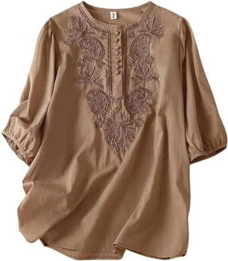 Generic Chemisier tendance bohème en dentelle pour femme - Style bohème décontracté - Brodé à fleurs - Tunique indienne à volants sur le devant pour femmes âg