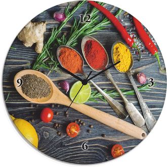 Artland Wanddeko Wanduhr ohne Tickger&auml;usche Glas Quarzuhr &Oslash; 30 cm Rund Lautlos K&uuml;che Essen Kr&auml;uter Gew&uuml;rze Holzoptik H9KD