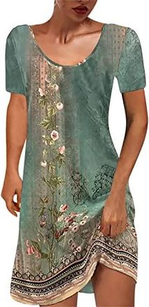 Generic Robe Femme Chic et Elegant Robe Décontractée à Manche Courte Femme Col Rond Bohème Fleurie MiniRobe Robe Ete col V à Taille Haute Robes Casual Femme M