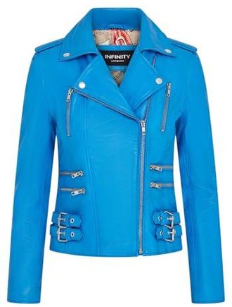 Infinity Leather Veste Motard R&eacute;tro Bleue 100% Cuir Nappa Pour Femme