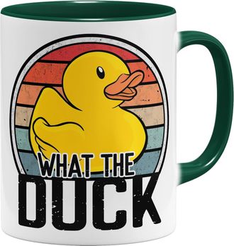 OM3 lustige What the Duck Kaffee-Tasse mit Spruch & gelber Ente - Statement - Keramik Becher - 325ml - Beidseitig Bedruckt - Gr&uuml;n