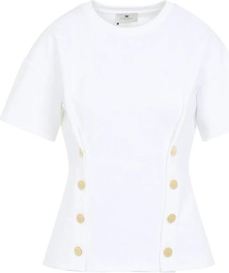 Elisabetta Franchi Femme, Tops, Blanc, Taille: 40 FR T-shirt Gold Buttons