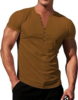 Generic Chemise en coton et lin pour homme - Polo &agrave; col rond - Demi-bouton - Manches courtes - T-shirt Henley - Coupe muscl&eacute;e - Couleur unie - T-shirt d&eacute;t&eacute; l&eacute;