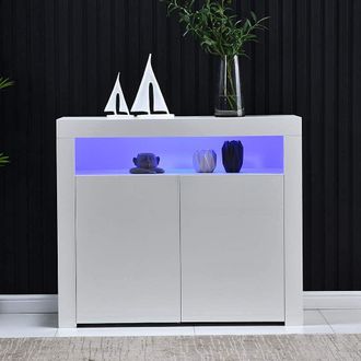 Merax Sideboard mit LED Beleuchtung, Weiss Hochglanz Lagerschrank Beistellschrank mit 2 T&uuml;ren, Offene Regale, Moderne Anrichte K&uuml;chenzeile Schrank f&uuml;r Esszi