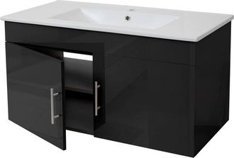 Hhg Waschbecken + Unterschrank HHG 241, Waschbecken Waschtisch, MVG-zertifiziert, hochglanz 90cm schwarz
