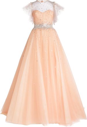 Monique Lhuillier Embroidered Flutter Sleeve Gown Size S