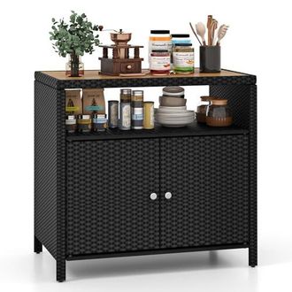 Giantex Armoire de jardin buffet en rotin avec plan de travail et étagère, armoire dappoint pour jardin, balcon et piscine, 90 x 53 x 86 cm, noire