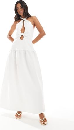 4th & Reckless Neckholder-Maxikleid in Wei&szlig; mit tief angesetzter Taille, Zierausschnitt und Knotendetails