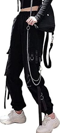 ORANDESIGNE Femme Pantalon Cargo Casual Gothique Punk Pantalon Danse Bas de Survêtement Hip Hop Noir Multi-Poches Streetwear D Noir XXL