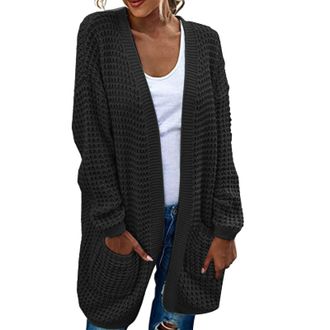 Lazzboy Strickjacke Damen Lang Open Front Grobstrick Strick Cardigan Langarm Strickjacken Mit Knöpfe Und Taschen Grobstrickjacke Winter Herbst Knit Offener St