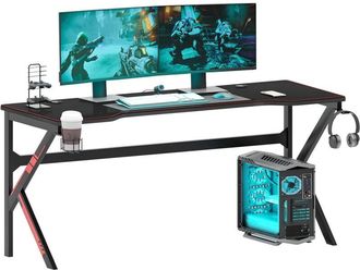 Soges Gaming-Tisch,160 x 60 cm großer Computertisch,Arbeitstisch,mit Mauspad,Getränkehalter,Kopfhörerhaken,Kabelmanagement,schwarz - Soges