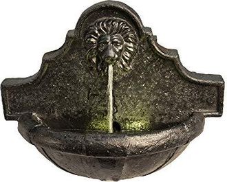 Teamson Home Garden Wasserspiel & Lichter, Wandmontierter Wasserbrunnen f&uuml;r den Innenbereich, L&ouml;wenkopf-Stein-Wasserfall und Pumpenverzierung, Terrassendekoration